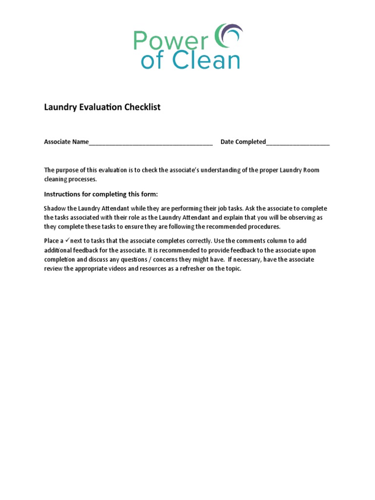 Laundry Evaluation Checklist: Instructions For Completing This Form | PDF