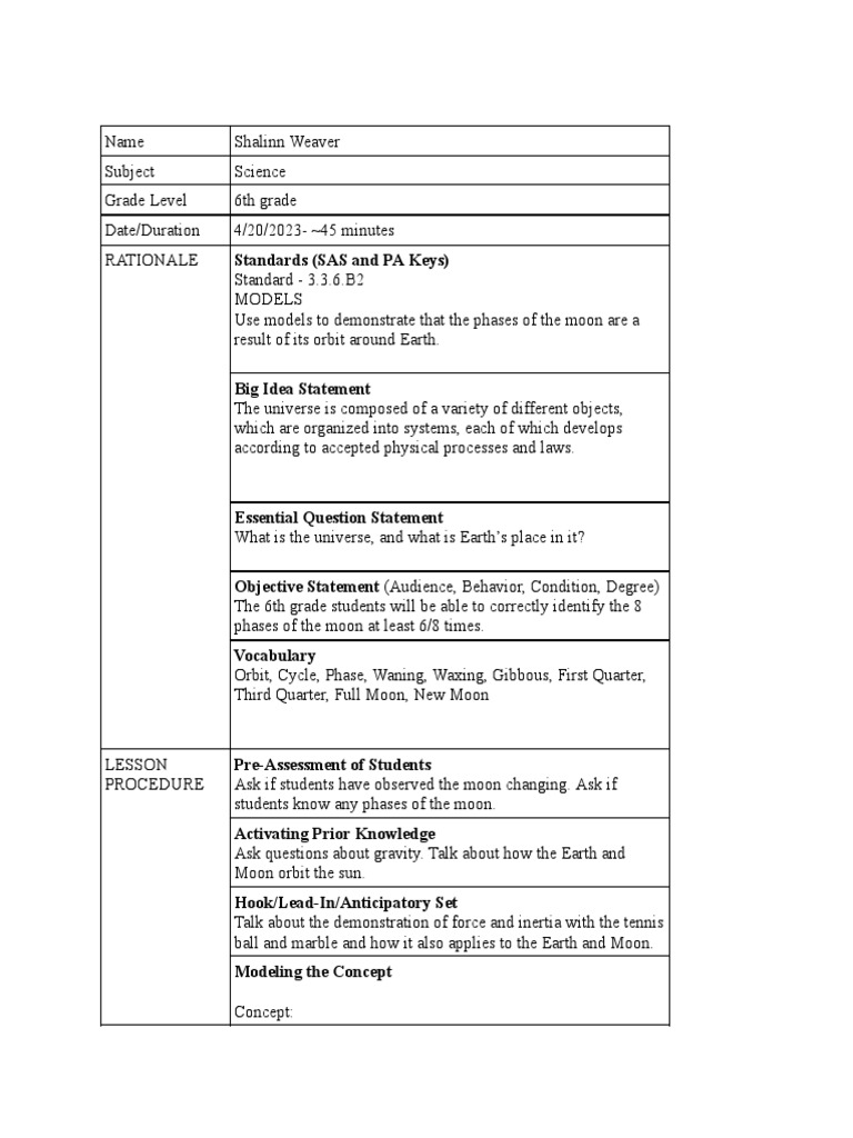 Moon Phases Lesson Plan 6th Grade | PDF | Moon | Tide