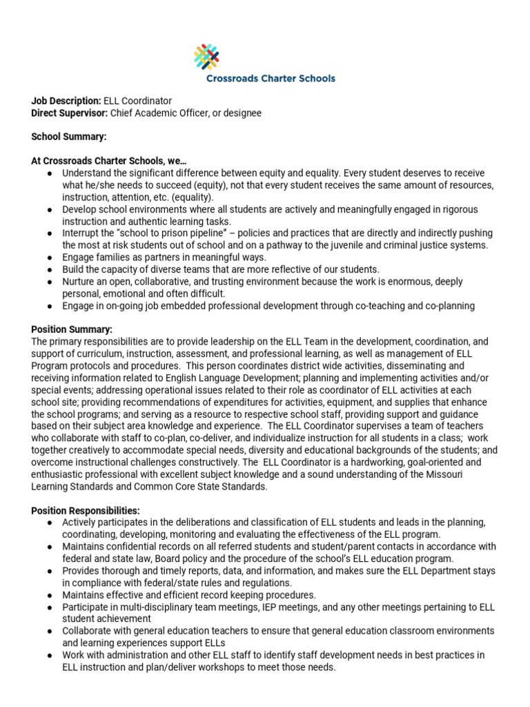 ELL Coordinator Job Description | PDF | Educational Assessment | Teachers