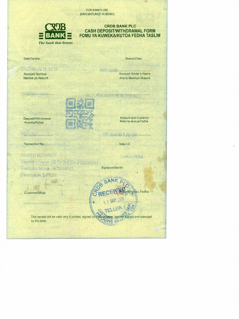Crdb Bank Plc 」Cash Depos!丁Av看Thdraval Form ¥ ∴ Fom U Ya」Kuweka/Kutoa干Edha Tasli M | PDF