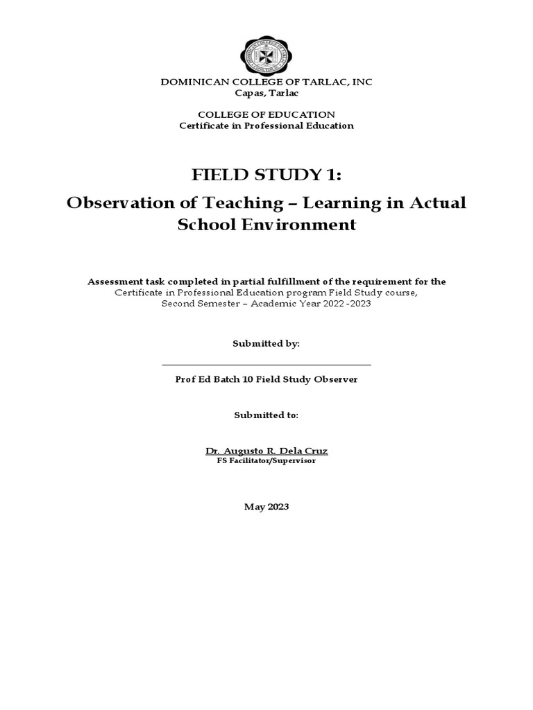 Field Study 1 Observation Sheet | PDF | Learning | Teachers