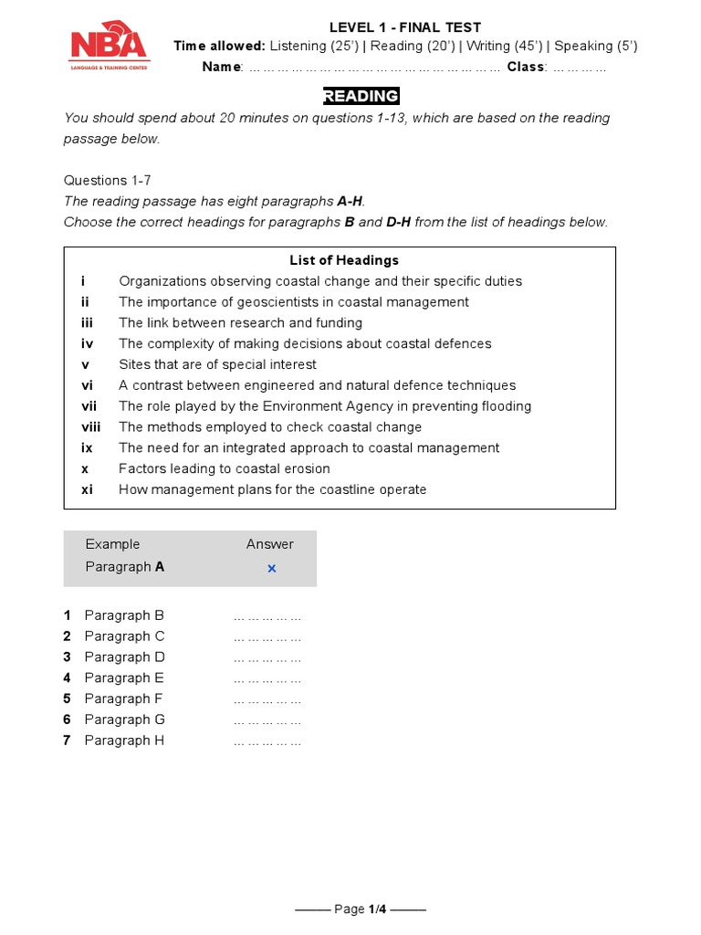 LEVEL 1 - FINAL - Reading | PDF