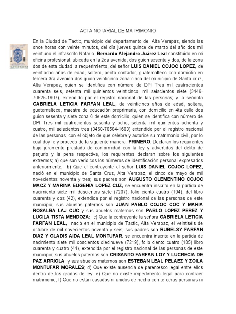 Acta de Matrimonio Alejandro | PDF | Ley común | Instituciones sociales