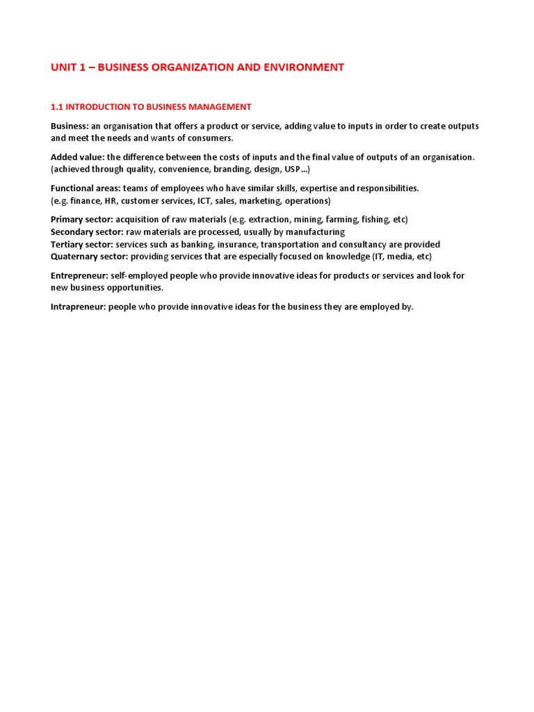 Unit 1 - Business Organization and Environment: 1.1 Introduction To Business Management | PDF ...