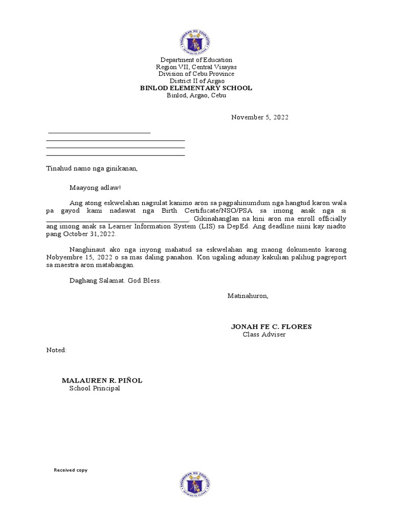 Sulat Pahibalo Pra Sa Walay PSA | PDF