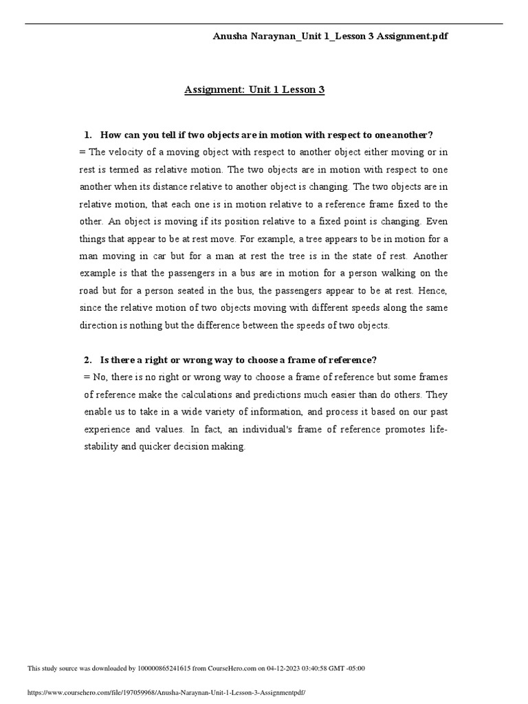 Anusha Naraynan Unit 1 Lesson 3 Assignment PDF | PDF | Force | Acceleration