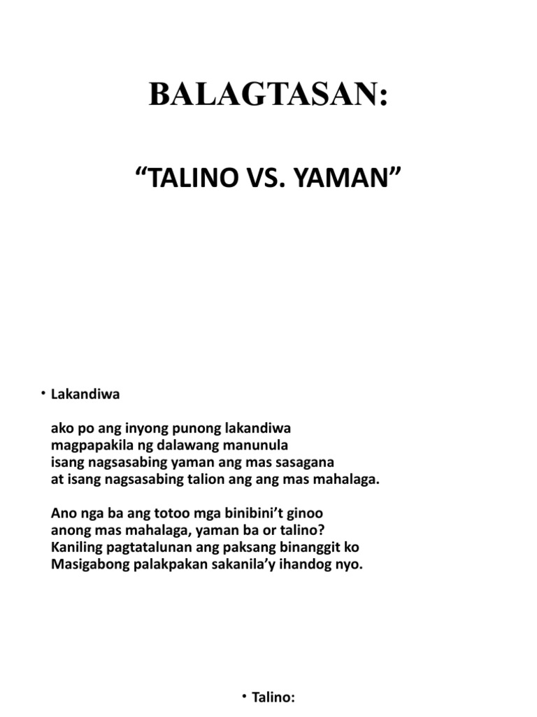 Balagtasan:: "Talino vs. Yaman" | PDF
