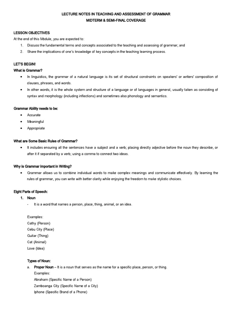 Teaching and Assessing Grammar Basics | PDF | Verb | Pronoun
