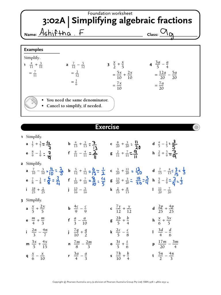 Maths Algebraic Fractions Worksheet | PDF | Mathematical Concepts | Notation