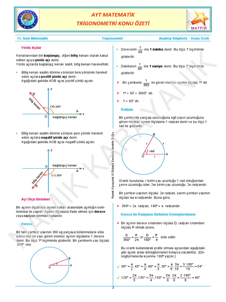 Karayanik: Trigonometri Konu Özeti Ayt Matematik Trigonometri Konu Özeti | PDF