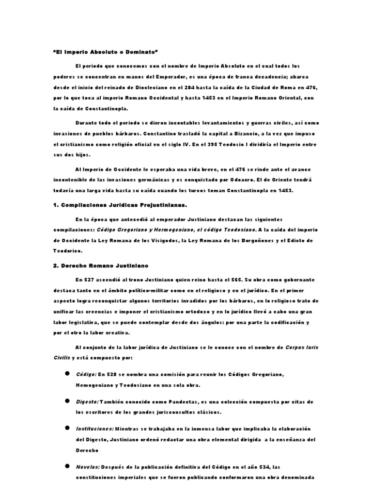 El Imperio Absoluto o Dominato | Justiniano I | Derecho romano