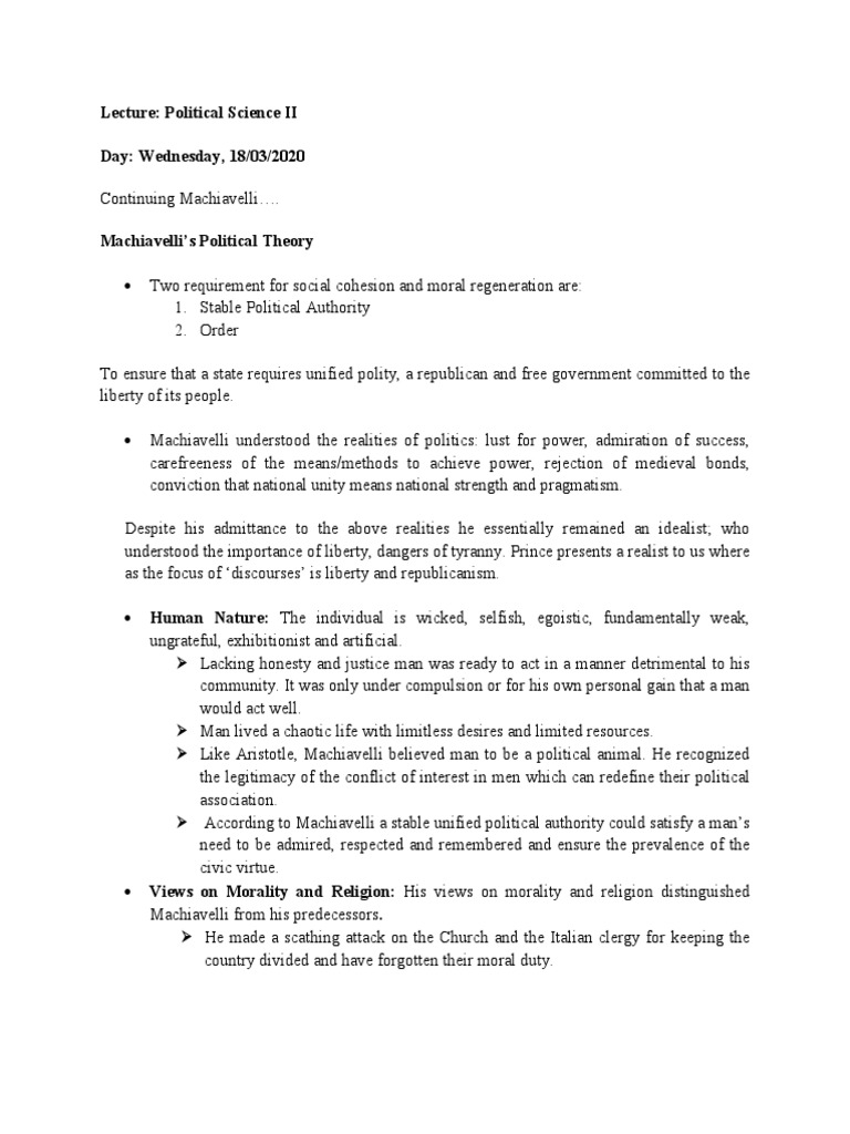 Machiavelli S Political Theory Pdf Niccolò Machiavelli The Prince