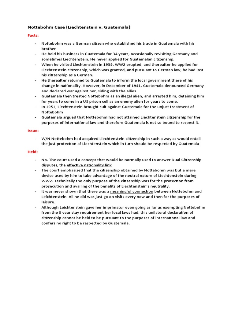 Nottebohm Case (Liechtenstein v. Guatemala) : Facts | PDF | History