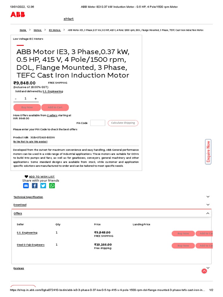 ABB Motor IE3 0.37 KW Induction Motor - 0.5 HP, 4 Pole - 1500 RPM Motor | Download Free PDF ...