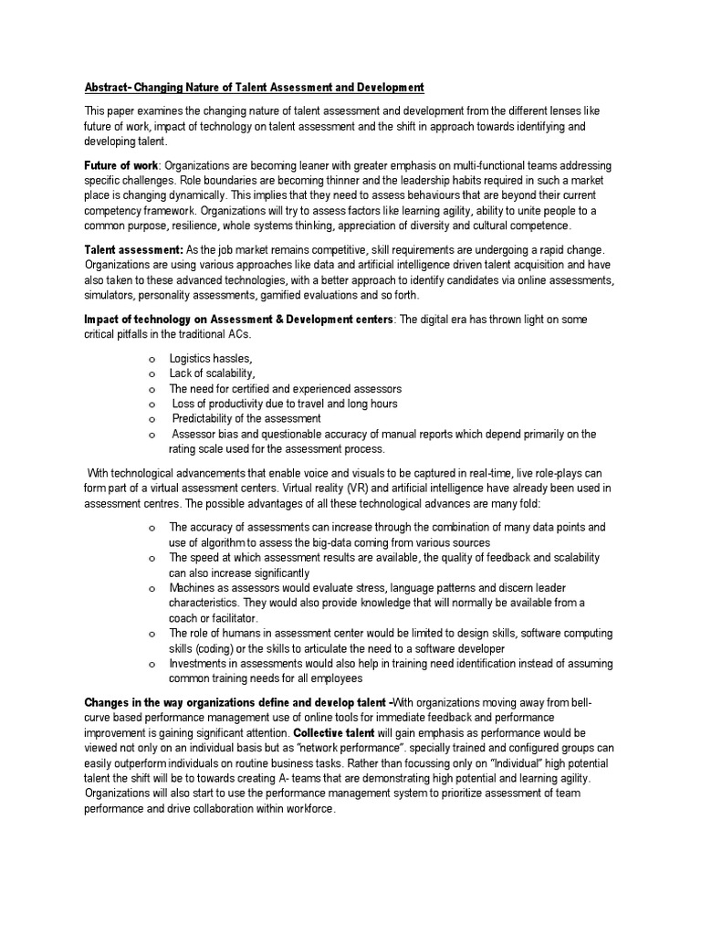 Changing Nature of Talent Assessment and Development Abstract ...
