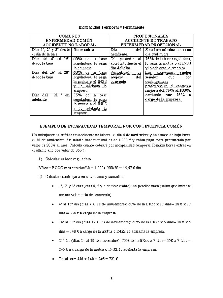Incapacidad Temporal. Ejemplo y Ejercicio | PDF | Labor | Relaciones ...