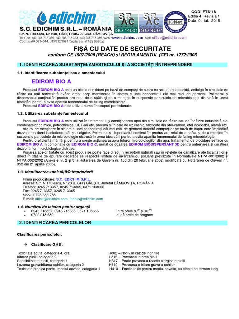 3 - Fisa de Securitate EDIROM BIO A | PDF