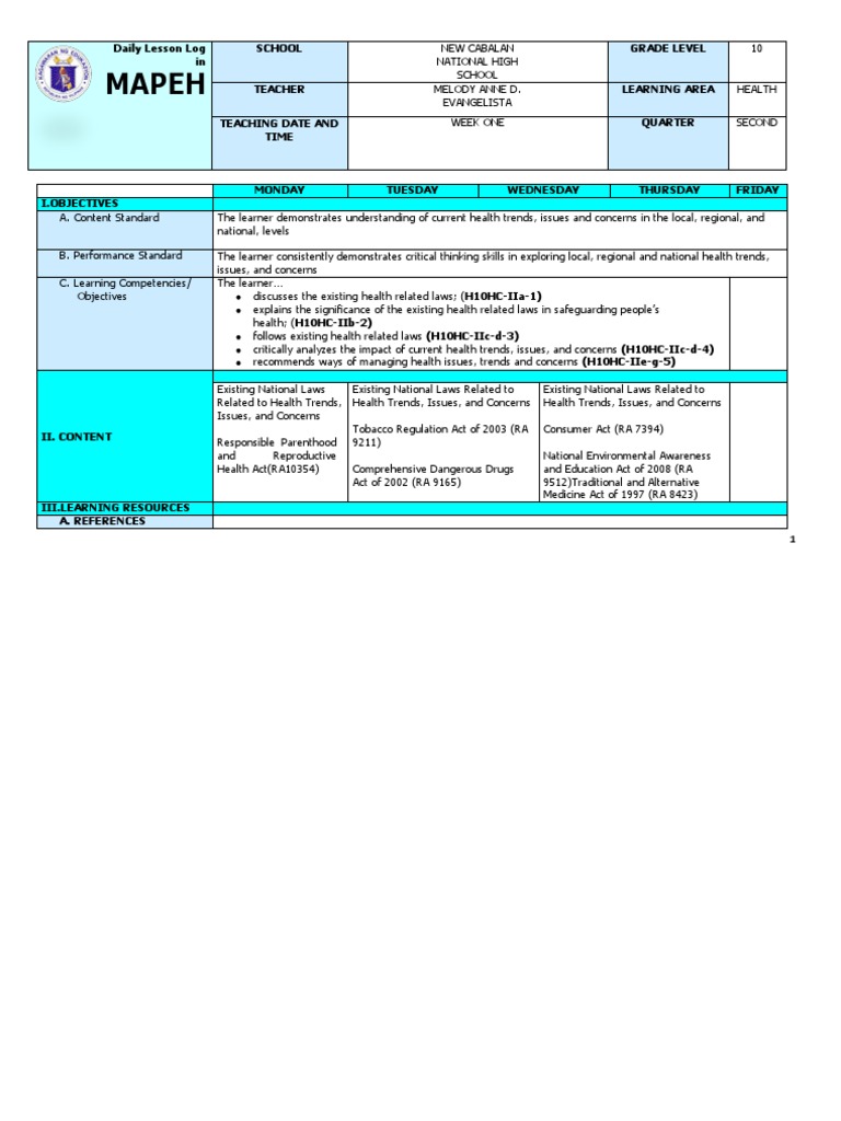 Q2 Grade 10 HEALTH DLL Week 1 | PDF | Learning | Cigarette