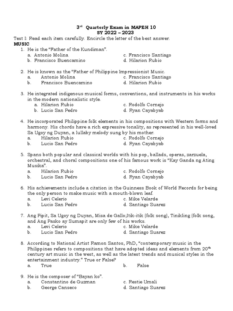 G10 2nd Quarter Exam MAPEH | PDF