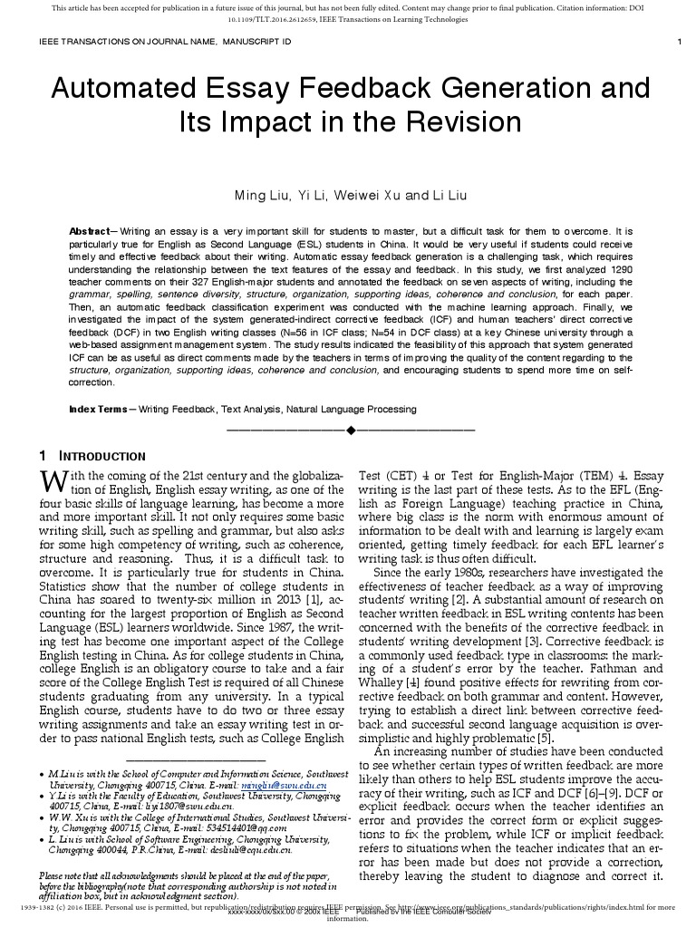 Automated Essay Feedback Generation and Its Impact in The Revision | PDF | English As A Second ...