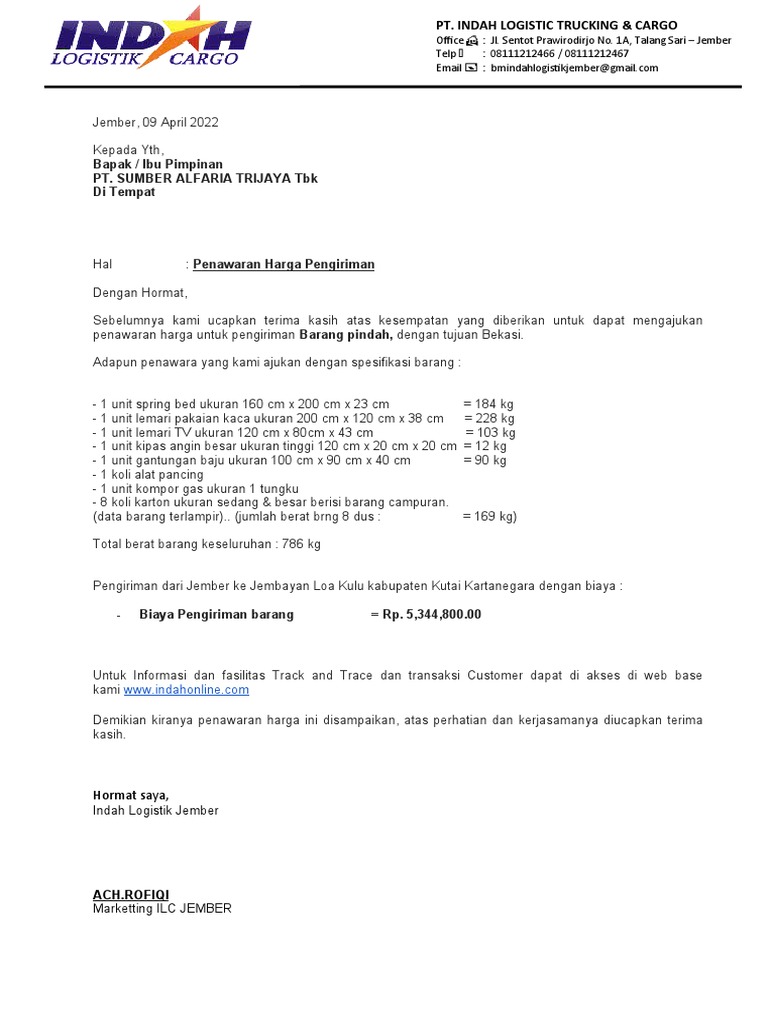 Surat Penawaran PT. PT. SAT JEMBER Barang Pindah mkt rfq | PDF