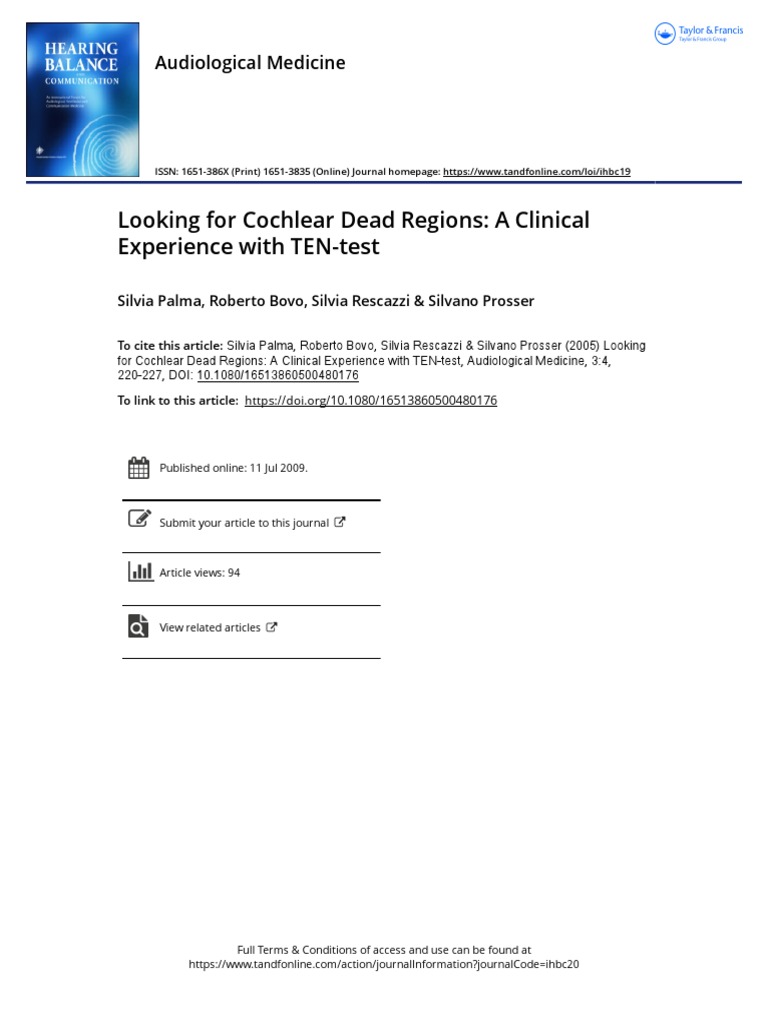 Looking For Cochlear Dead Regions A Clinical Experience With TEN Test ...