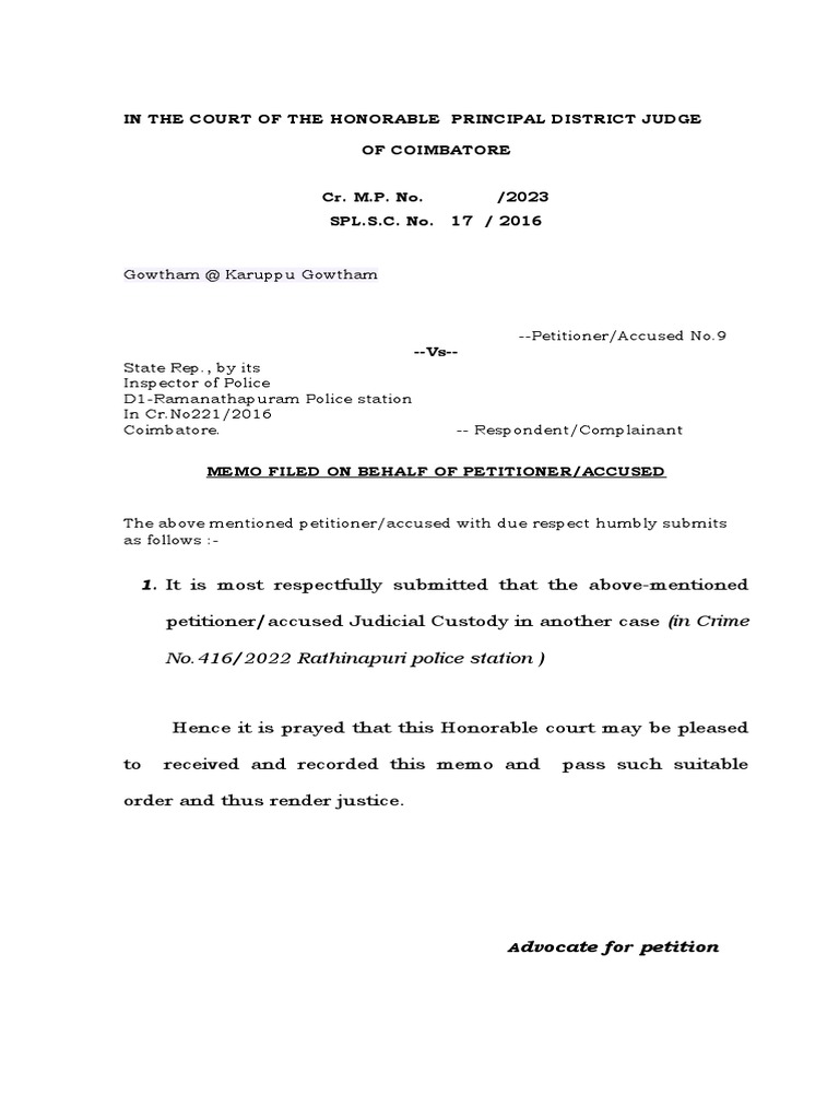 In The Court of The Honorable Principal District Judge of Coimbatore Cr ...