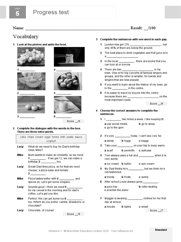 L1 A2 U5 Test Standard | PDF | Smoothie | Foods