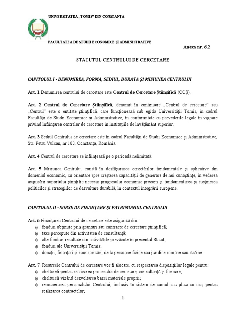 Anexa 6.2. - Statutul de Functionare Al Centrului de Cercetare | PDF