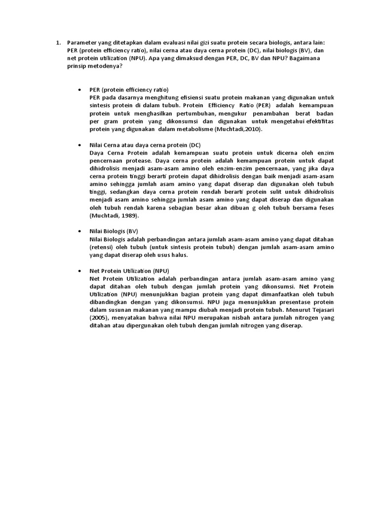 Evaluasi Nilai Gizi Protein: PER, DC, BV, NPU | PDF | Sains & Matematika