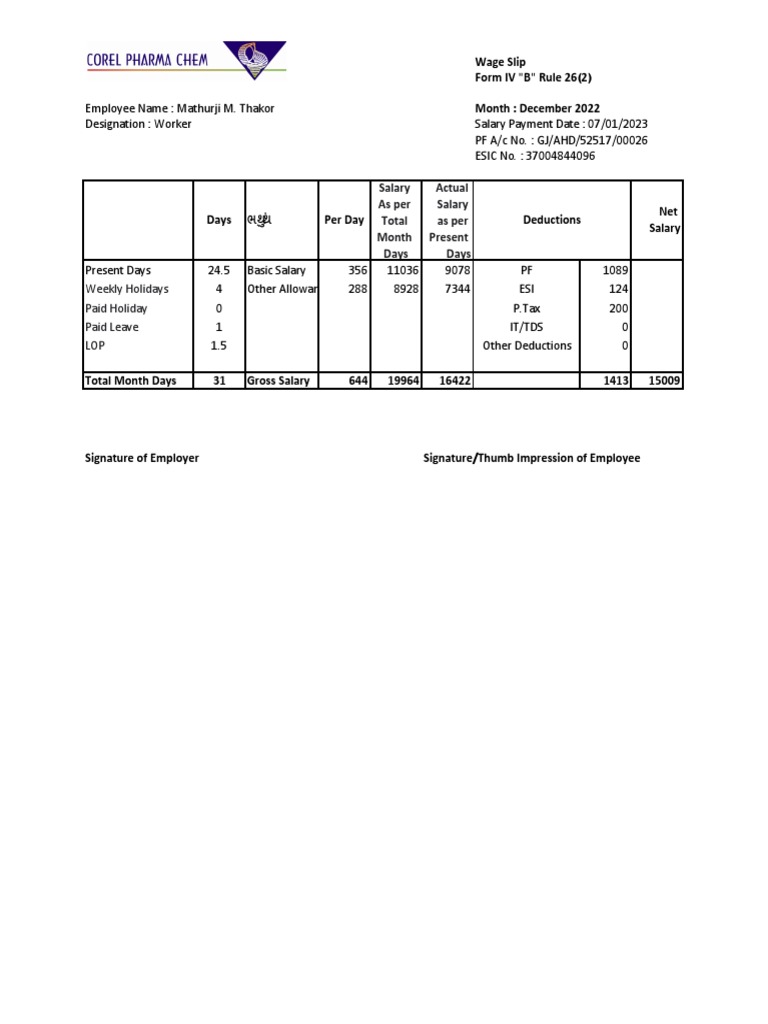 Wage Slip Format for Contract Workers | PDF