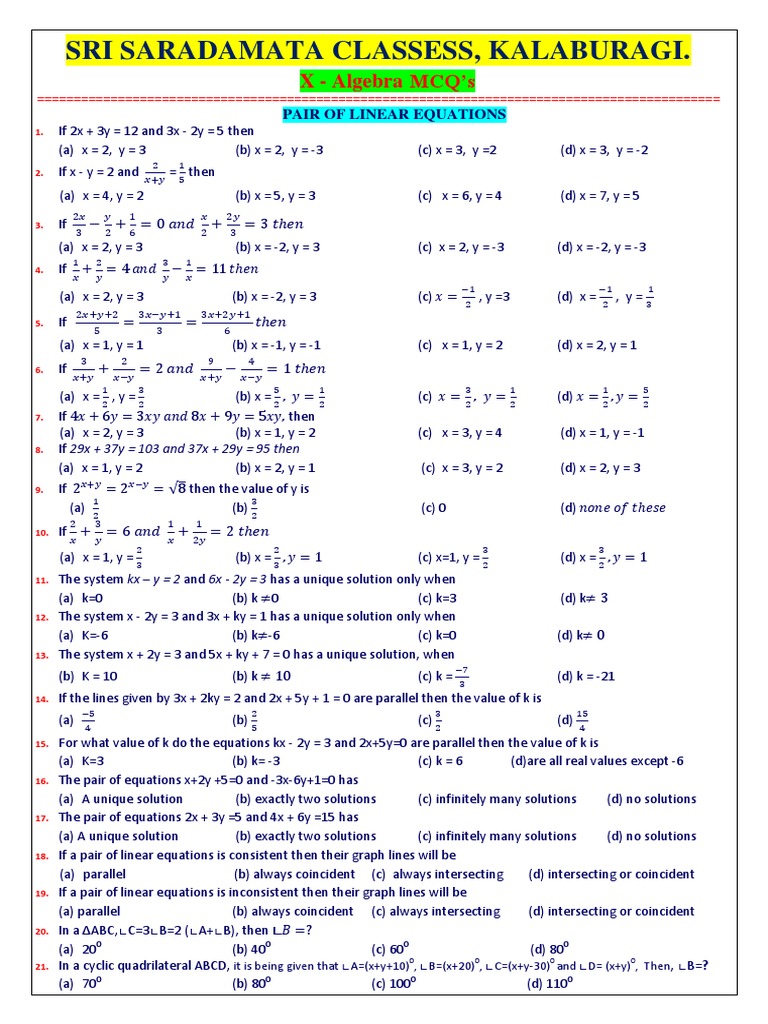 Algebra MCQs for Class 10 Students | PDF | Equations | System Of Linear Equations
