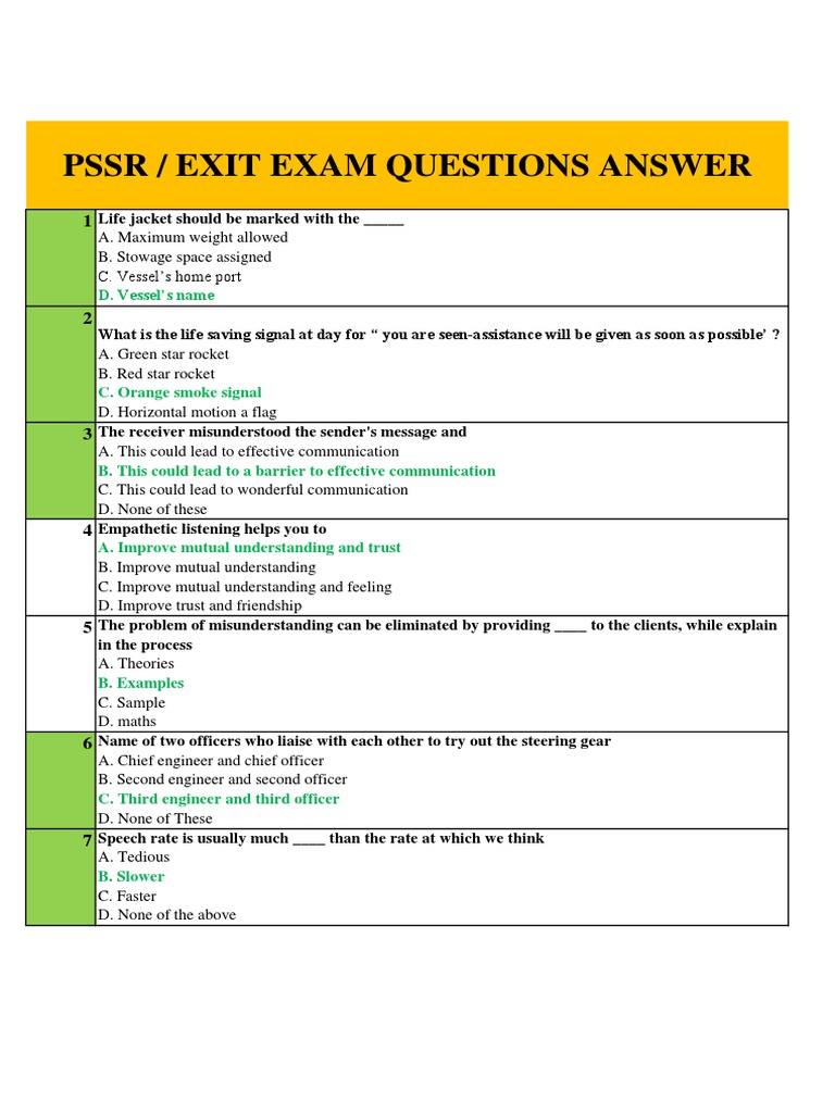 PSSR / EXIT EXAM QUESTIONS AND ANSWERS ON MARITIME SAFETY ...