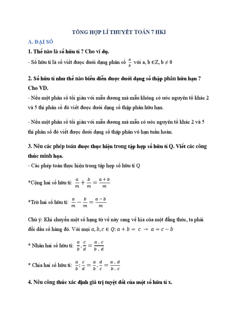 TỔNG HỢP LÍ THUYẾT TOÁN 7 HKI | PDF