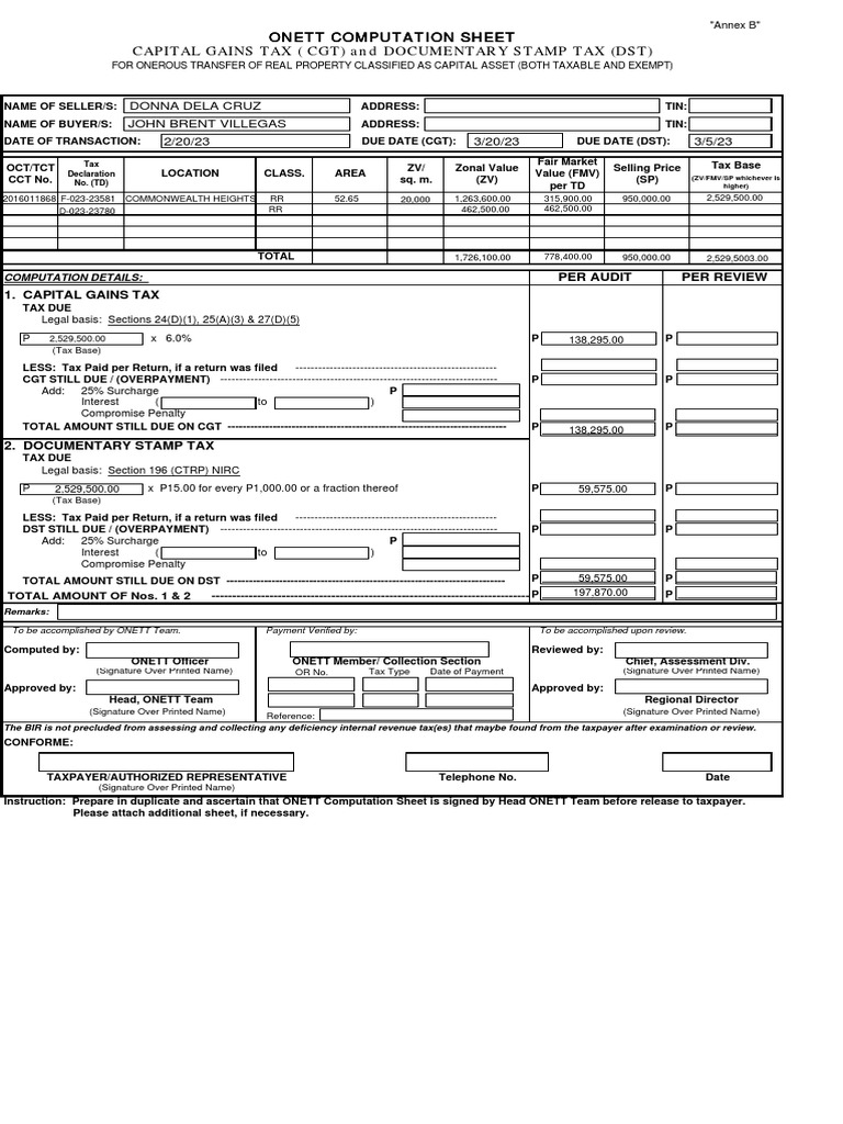 Onett Computation Sheet Pdf Taxes Capital Gains Tax