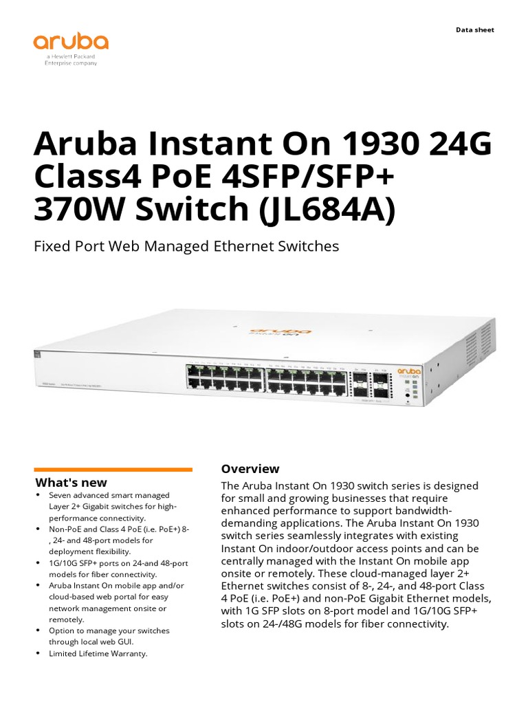 Aruba Instant On 1930 24G Class4 PoE 4SFPSFP+ 370W Switch-PSN1012839570UKEN | PDF | Network ...