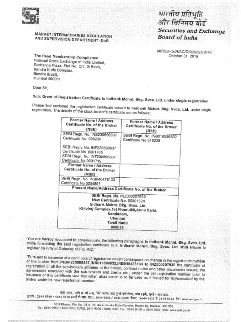 SEBI Single Reg Certificate Stock Broker | PDF