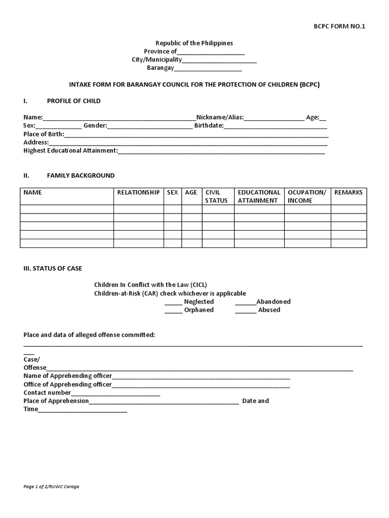 Intake Form For Barangay Council For The Protection of Children (BCPC ...