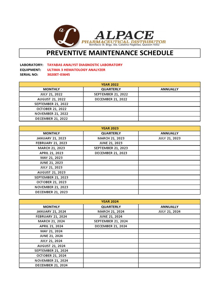 Tayabas Analyst Diagnostic Laboratory Preventive Maintenance Schedule for Ultima 3 Hematology ...