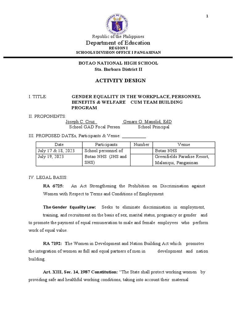 MNHS Gad Activity Design 2023 July | PDF | Employment | Gender Equality