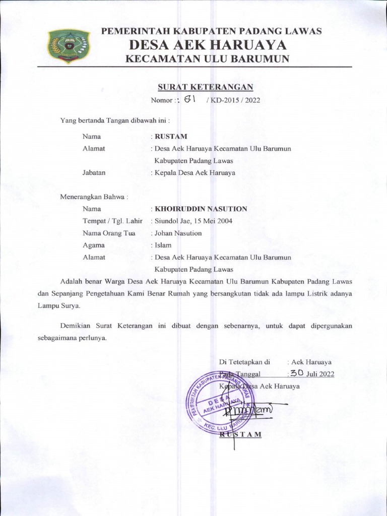 Surat Keterangan Tidak Memiliki Rekening Listrik PLN | PDF