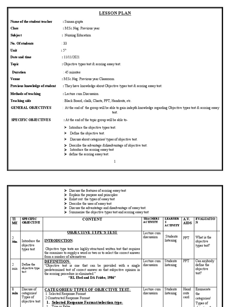 Lessin Plan of Objective Types Test and Scoring Essay Test13 | PDF ...