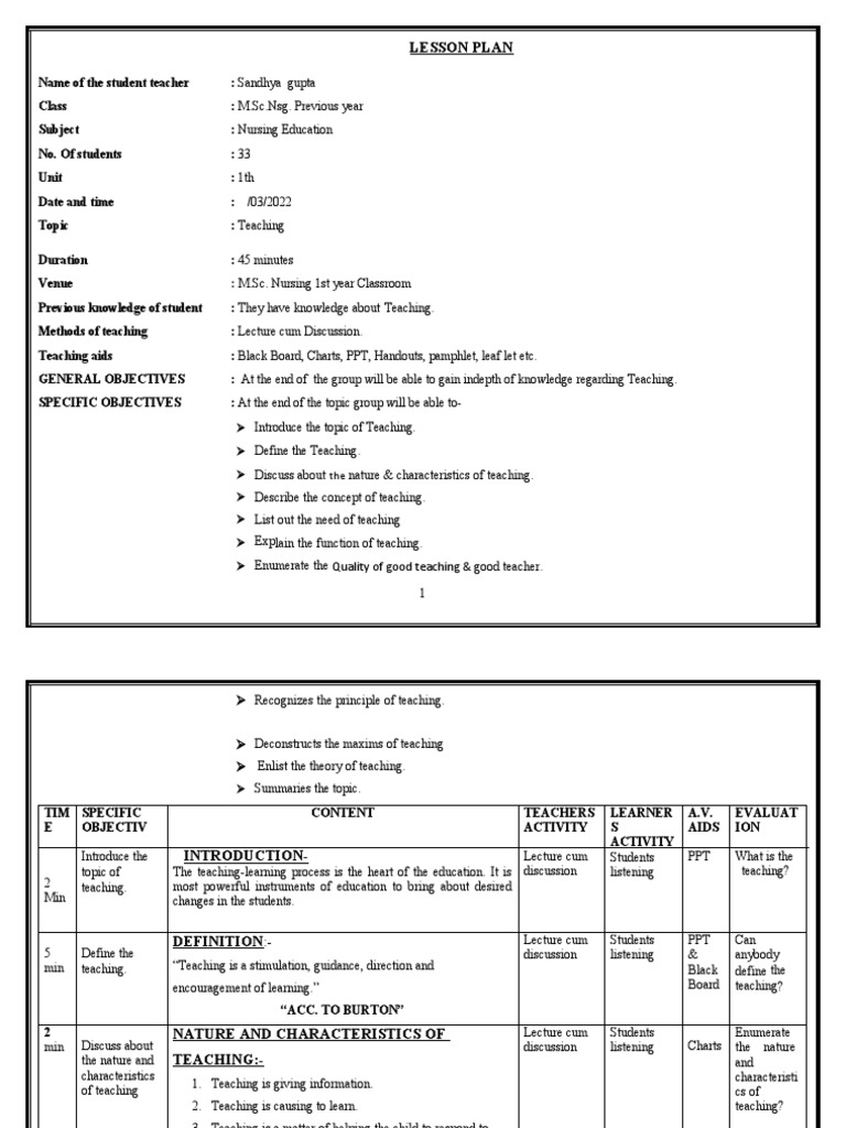 Lesson Plan of Teaching by Sandhya | PDF | Teachers | Lecture
