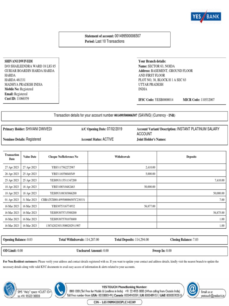 Yes Bank Statement: Last 10 Transactions | PDF | Automated Teller ...