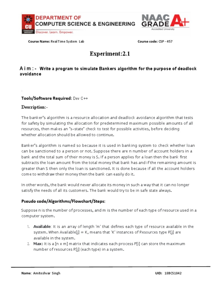 Experiment21 Write A Program To Simulate Bankers Algorithm For The