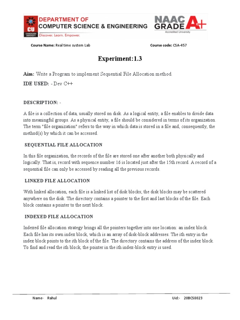 Experiment:1.3: Write A Program To Implement Sequential File Allocation ...
