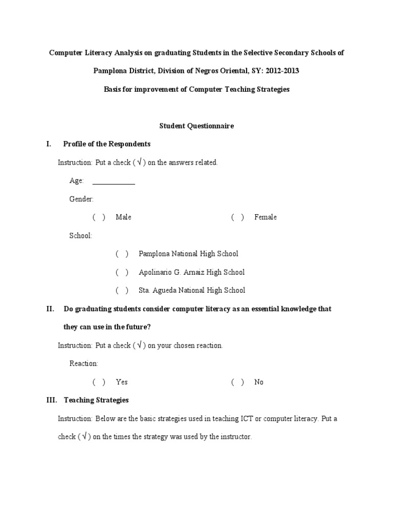Questionnaire | PDF | Keyboard Shortcut | Literacy