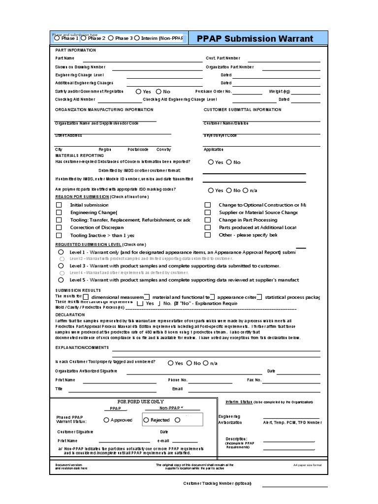 PPAP Submission Warrant | PDF