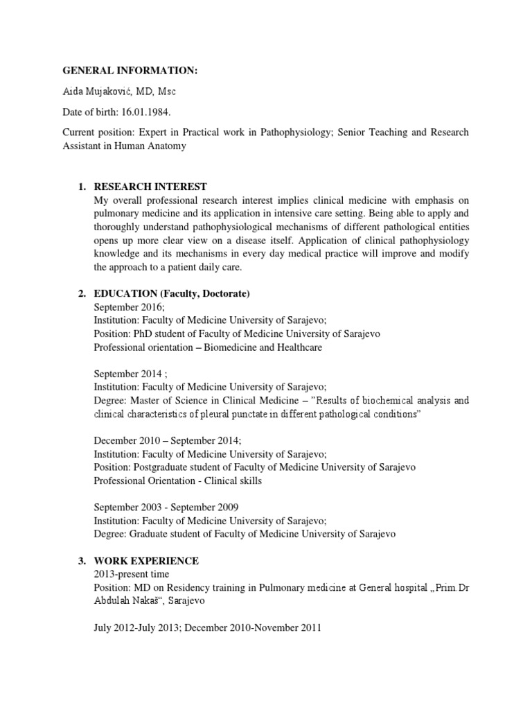 Aida Mujakovic CV | PDF | Medical School | Medicine