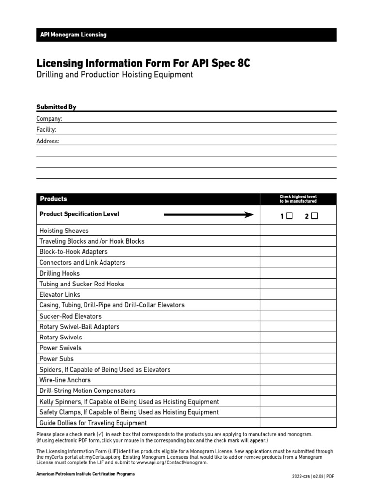 Licensing Information Form For API Spec 8C: Drilling and Production ...